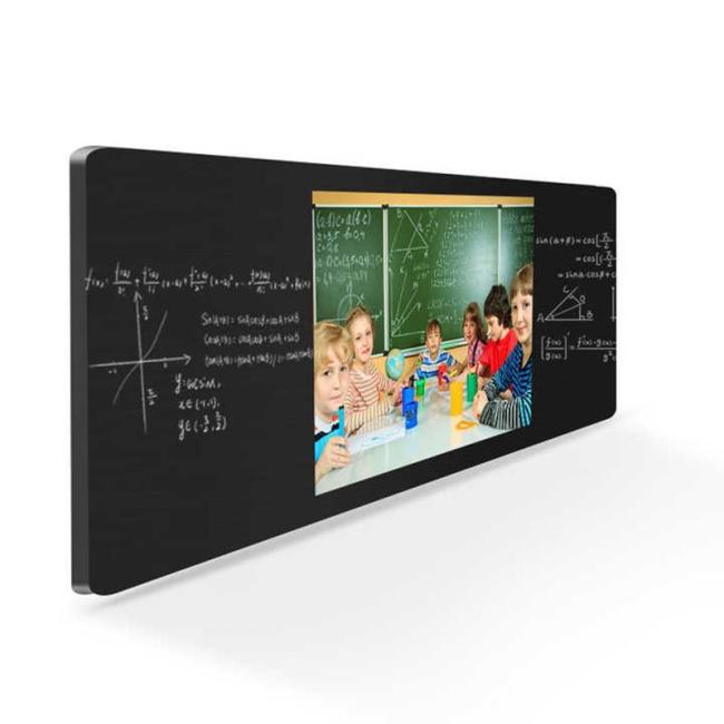 Smart blackboard showing a classroom scene on screen with math notes written on side panels