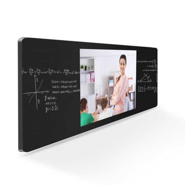 Smart blackboard showing a female teacher interacting with students on the center screen