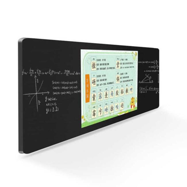 A wide-angle view of a smart board displaying colorful educational charts on the main panel