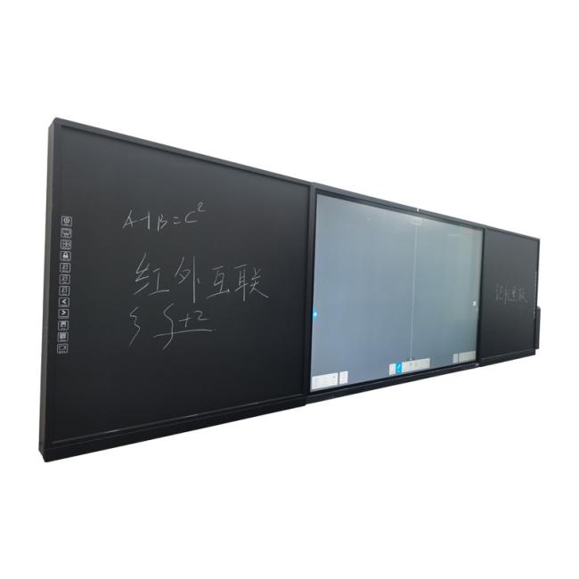 A thin smart blackboard panel set viewed at an angle showing side writing surfaces