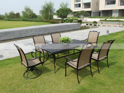 China BMLQ153 7pcs sling dining set with alumicast retangular dining table two swivel rocker and 4 dining chair for sale