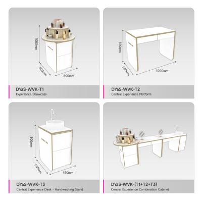 China Makeup Display Shelf  White Wooden Sample With Embedded Light Strip At The End For Trendy Store Counter And Space-Saving Display Stand for sale