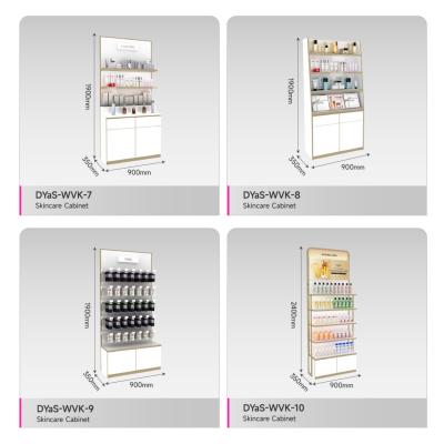 China Skincare Display Fixtures White Wooden Sample With Island Embedded Light Strip For Branding Shop Stand And Premium Store Interior Design for sale