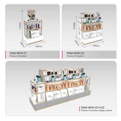 China Skincare Display Fixtures White Wooden Sample With Island Embedded Light Strip For Branding Shop Stand And Premium Store Interior Design for sale