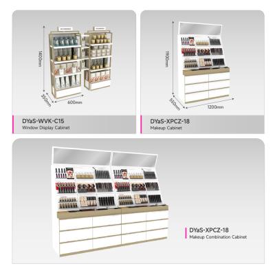 China Skincare Display Fixtures White Wooden Sample With Island Embedded Light Strip For Branding Shop Stand And Premium Store Interior Design for sale
