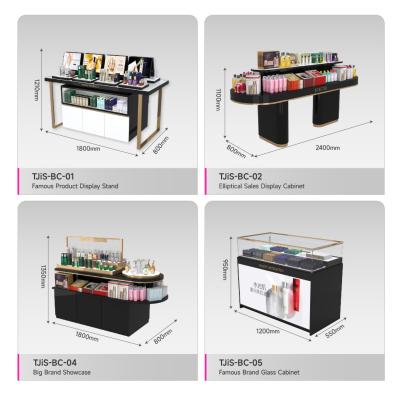 China Huidverzorgingswinkel Display Rack Zwart&Goud Houten Display Stand Met Licht -box Voor Cosmetische Winkel Display Meubelen Te koop