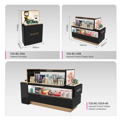 China Huidverzorgingswinkel Display Rack Zwart&Goud Houten Display Stand Met Licht -box Voor Cosmetische Winkel Display Meubelen Te koop