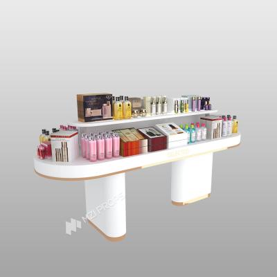 China Makeup Display Stand Platinum Wood Promotion Cabinet for Cosmetic Retail Shop Furniture and Smart Skincare Store Display Table for sale