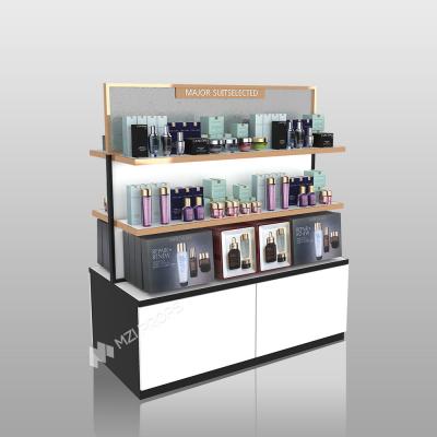 China Skincare Display Counter Platinum Wooden Island Cabinet With Led Lights For Space-Saving Shop Display And Luxury Display Furniture for sale