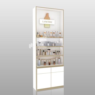 China Cosmetic Store Cabinet White Wooden Skincare Cabinet With Light Box Cosmetic Display Counter For Space-Saving Shop Fitting And Branded Display Rack for sale