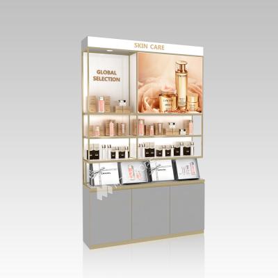 China Cosmetic Shop Interior Design Gray Wooden Beauty Store Display Cabinet with Lightbox for Makeup Store Display Furniture for sale