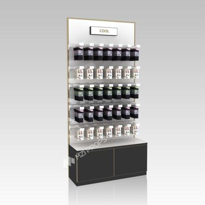 China Cosmetic Display Rack Black Wooden Spray-Painted Shelf  Wall Cabinet With Hanging For Brand Skincare Store Decoration for sale