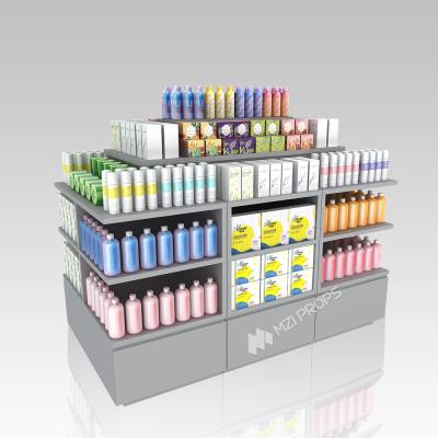 China Gray Wooden Display Rack Cosmetic Store Multi Functional Shelf For Beauty Store Decoration And Retail Shop Fitting for sale