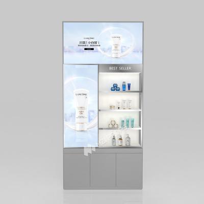 China Cosmetic Shop Decorationc Grey Wooden Display Cabinet With Light Box For Smart Store Showcase Smart Display Shelf And Branding Display Showcase for sale
