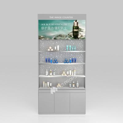 China Cosmetic Store Cabinet  Grey Wooden Display Cabinet With Light Box For Trendy Display Stand And Branding Display Rack for sale