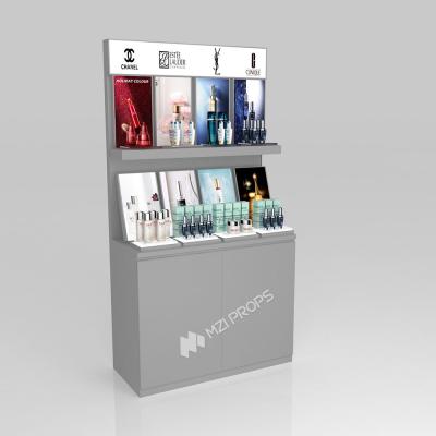 China Beauty Store Interior Design Grey Wooden Display Cabinet With Light Box For Fashion-Forward Display Table And Premium Display Shelf for sale