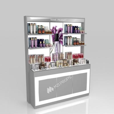 China Makeup Store Counter  Grey Wooden Display Cabinet With Led Lights For Branding Shop Design And Premium Shop Display Furniture for sale