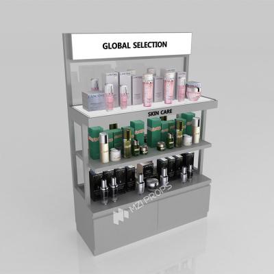 China Display Showcase Grey Wooden Boutique Edge Cabinet With Led Lights For Visual Merchandising Store Interior Design And Fashion-Forward Display Shelf for sale