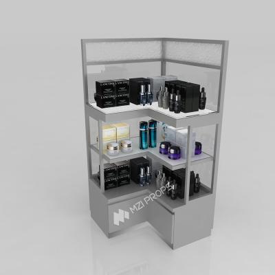 China Retail Store Counter Grey Wooden Corner Cabinet With Led Lights For Customized Shop Display And Fashion-Forward Store Display Furniture for sale