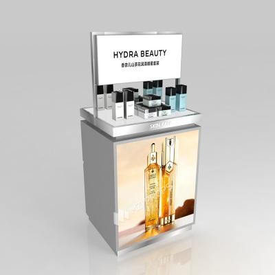 China Shop Showcase Grey Wooden Boutique Edge Cabinet With Light Box For Branding Shop Display And Luxury Display Shelf for sale