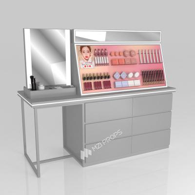 China Retail Shop Tafel Grijze houten make-up met ingebouwde lichten rond het eiland Voor ruimtebesparende winkel display meubels en premium winkel stand Te koop