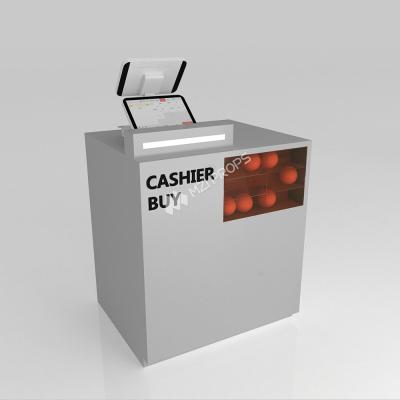China Store Counter Grey Wooden Cash Register Iron Structure Light Box For Space-Saving Store Table And Branding Display Table for sale