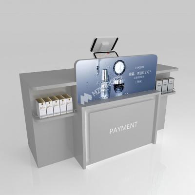 중국 브랜드 매장 스탠드 및 프리미엄 디스플레이 카운터를 위한 라이트 박스가 있는 소매점 스탠드 회색 나무 금전 등록기 판매용