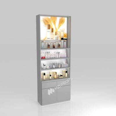 China Perfume Display Stand Grey Wooden Skincare Cabinet With Light Box For Branded Store Stand And Branded Display Showcase for sale