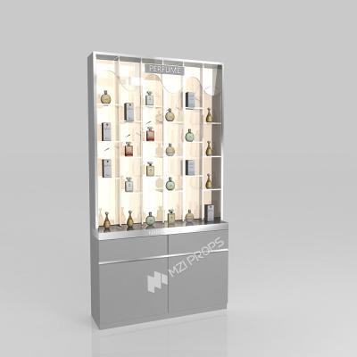 China Perfume Store Cabinet  Grey Wooden Laminated Display Cabinet For Branded Store Display Furniture And Luxury Shop Design for sale