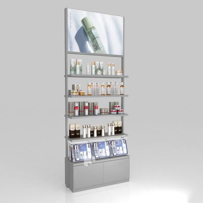 China Makeup Store Counter Grey Transparent High Cabinet With Double-Sided Light Box For Retail Shop Decoration And Space-Saving Display Cabinet for sale