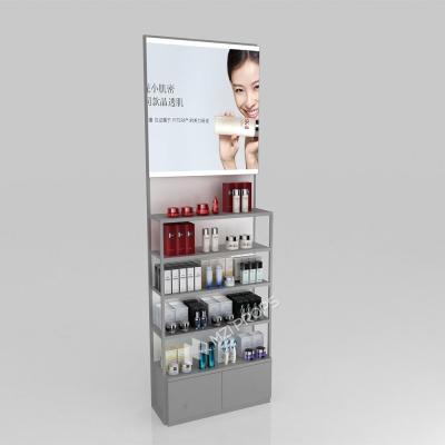 China Cosmetic Display Cabinet Grey Wooden Simple Counter With Light Box For Luxury Display Cabinet And Branding Shop Rack for sale