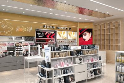 China Customized Makeup Shop Interior Design White & Gold Retail Display Rack for Fashion-forward Shop Design and Cosmetic Store Display for sale
