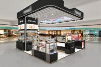 Quality Beauty Kiosk Cosmetic Shop Display Furniture Black Gold Wood Cabinet for Retail for sale