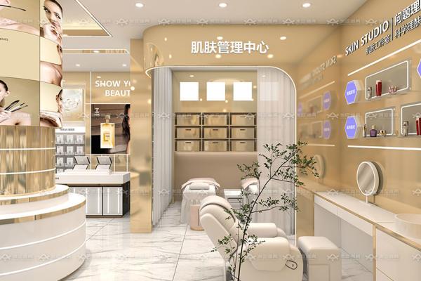 Quality Retail Shop Fitting Gold Rush Series Case 93sqm Cosmetic Display Design for for sale