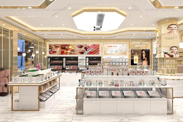Quality Retail Shop Fitting Gold Rush Series Case 93sqm Cosmetic Display Design for for sale
