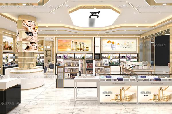 Quality Retail Shop Fitting Gold Rush Series Case 93sqm Cosmetic Display Design for for sale
