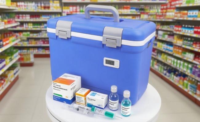 Blue Phefon Cold Chain Box showing side view with measurement indicators