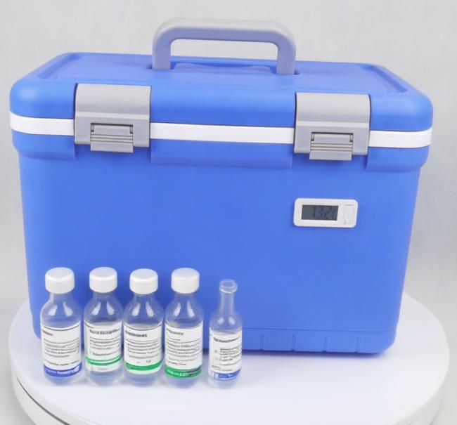 Blue 12L Cold Chain Box showing side view with dimensions