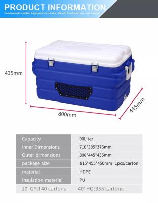 China Insulated Large Capacity Custom 90L Liters Transport  Pu Foaming Hard Ice Chest Cooler Box for sale
