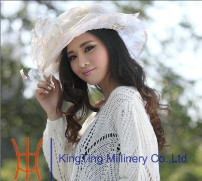 China handmade polyester mesh Wide Brim White Organza Hats with Lily Flower for sale