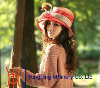 China custom Red / Champagne Abaca Sinamay Ladies Hats With Bow Feathers for sale