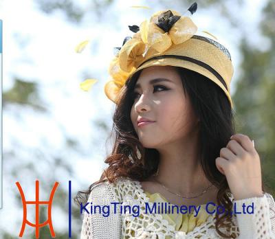 China Fancy Yellow Sinamay Ladies Hats With Bridal Sinamay Trimming for sale