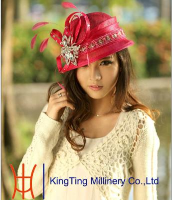 China red Spring fashion Fancy Organza Ladies Sinamay Hat with feather for sale