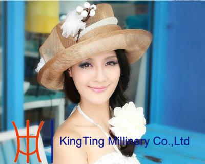 China Coffee / Off White Church Ladies Sinamay Hat with Sinamay Bow / Feather Trim for sale