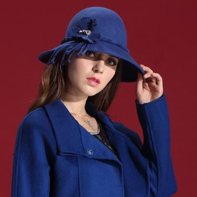 China CE Blue Wool Felt Women Hat Winter Bucket Hat For Church / Wedding for sale