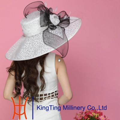 China White / Black Wide Brim Organza Church Hats , organza wedding hats for sale