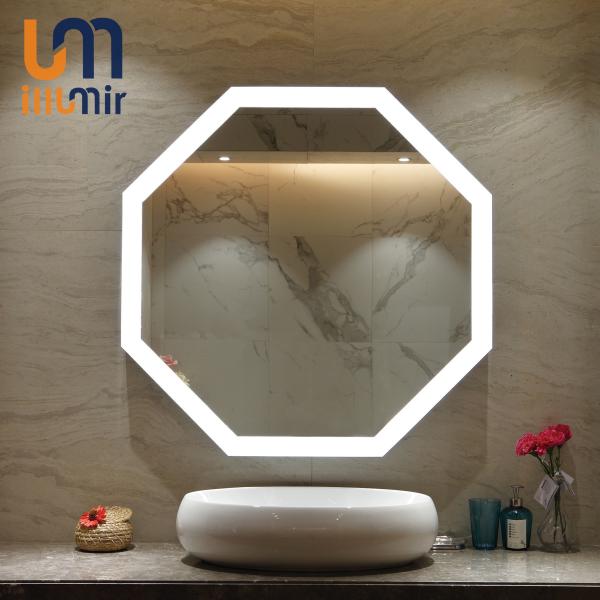 Quality Aluminum Frameless Hexagon Led Intelligent Natural Warm Wall Mounted Smart Anti-fog Touch Screen Bathroom Mirror for sale