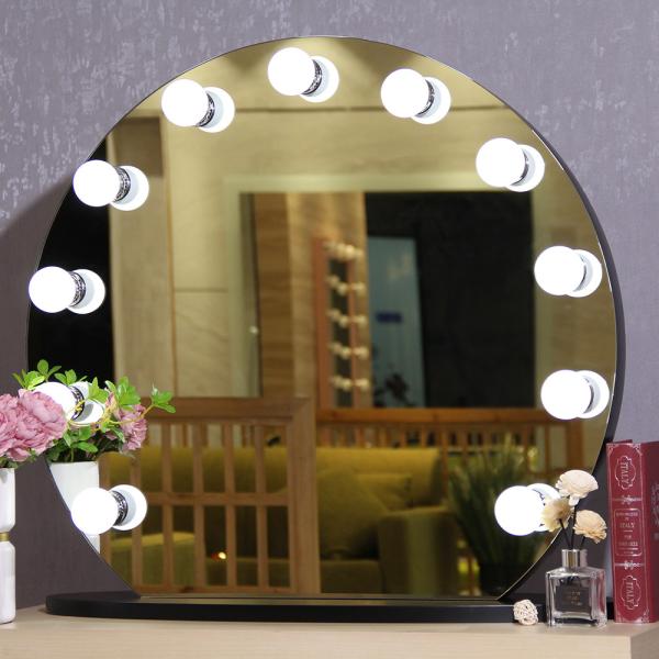 Quality Custom Desktop LED Lighted Round Vanity Black Table Mirror for Hollywood Style for sale