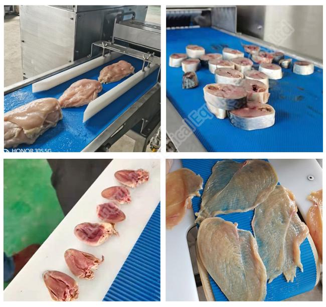 Close-up of chicken breast slicing mechanism