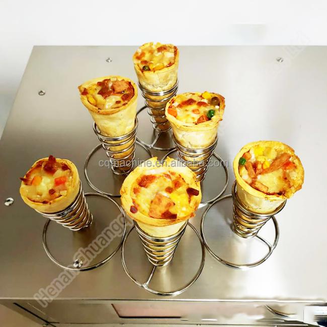 Finished pizza cones produced by the machine